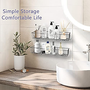Adhesive Shower Shelves with 6 Hooks,Shower Caddy Wall Mounted Shampoo Holder,No Drilling Rustproof SUS 304 Stainless Steel Bathroom Shower Organizer Storage for Bathroom ,Toilet and Kitchen -2 Pack