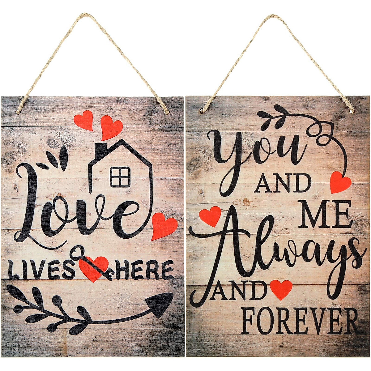 Jetec 2 Pieces Valentine's Day Hanging Wooden Sign Ornament Hanging Wall Plaque Red Heart for Home Garden 10 x 7 Inch