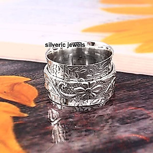 Floral Textured Spinner ring Meditation Silver ring Fidget wide band Organic Silver jewelry gift for her (8)