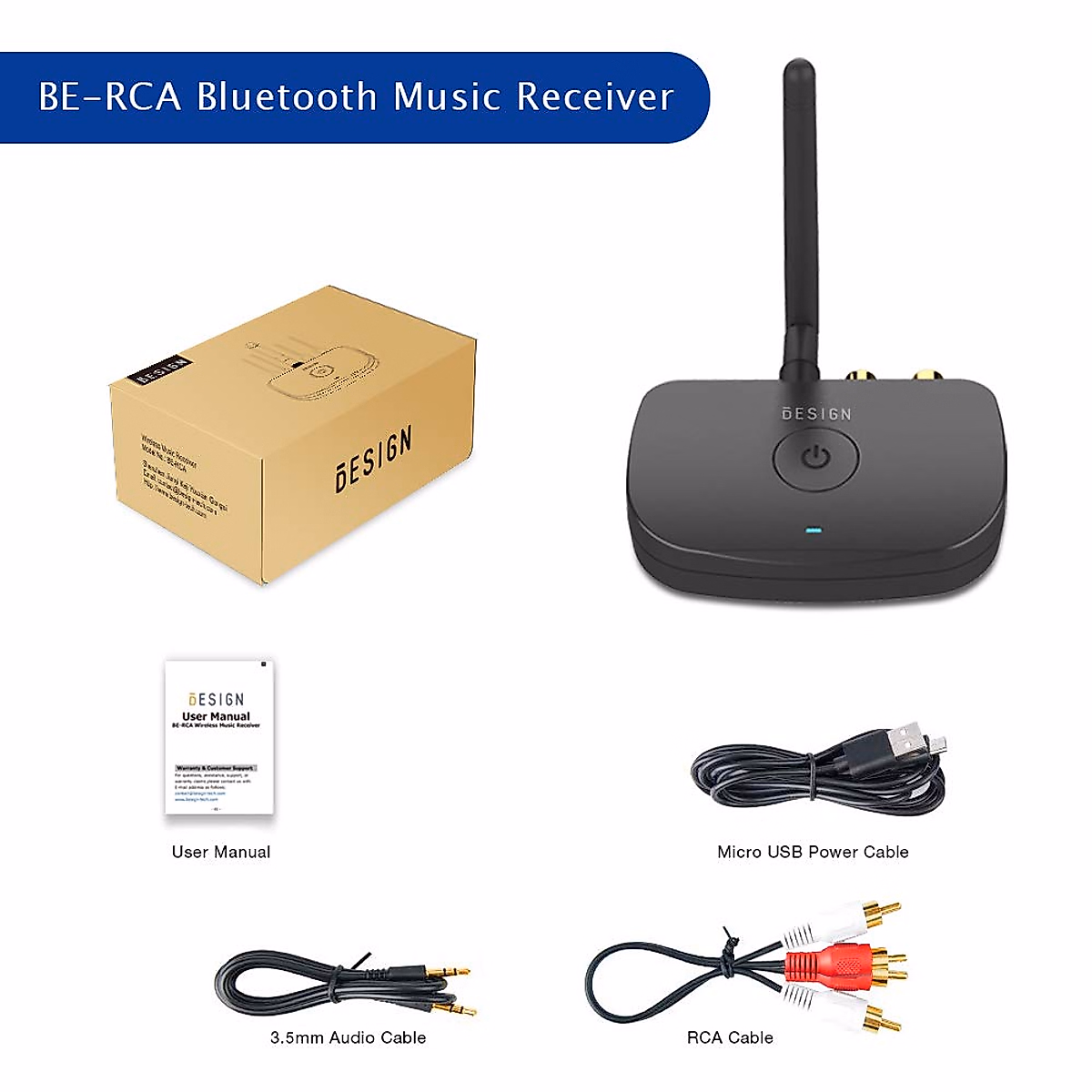 Besign BE-RCA Long Range Bluetooth Audio Adapter, HiFi Wireless Music Receiver, Bluetooth 5.0 Receiver for Wired Speakers or Home Music Streaming Stereo System, Black