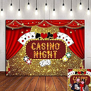 Casino Night Poker Dice Red Curtains Photography Backdrop Vinyl Las Vegas Gold Glitter Bokeh Photo Background Birthday Party Banner Decorations Banner 7x5ft Photo Booths Studio Props Dessert Table
