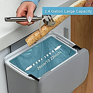 Hanging Small Trash Can with Lid for Counter Top or Under Sink, 2.4 Gallon Kitchen Compost Bin Garbage Can for Cupboard/Bathroom/Bedroom/Office/Camping, Waste Basket (Grey)