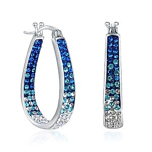 Rhodium Plated Blue and White Gradient Crystal Hoop Earrings for Women, Sparkly Royal Blue Earrings Fashion Jewelry
