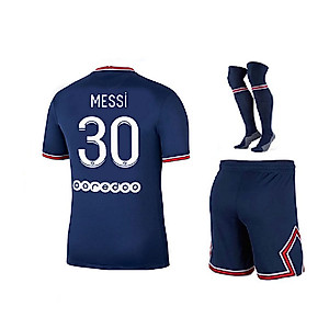 Paris Messi Blue Home 22/23 Soccer Kids Jersey + Shorts + Socks Set Kit Size Medium (8-9 Years Old) for Youth