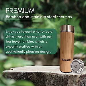 Shiok! Premium Bamboo Tea Tumbler with Strainer. 12 Oz Capacity Stainless Steel Thermos. Durable Double Walled Vacuum Insulated Travel Mug with filter- Keeps Hot & Cold up to 12hrs