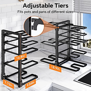 Pots and Pans Organizer, 8 Tier Pan Organizer Rack for Cabinet,Heavy Duty Pot and Pan Organizer for Under Cabinet, Adjustable Pan Lid Holder for Kitchen Pantry to Store Dutch Ovens, Cast-Iron Pans