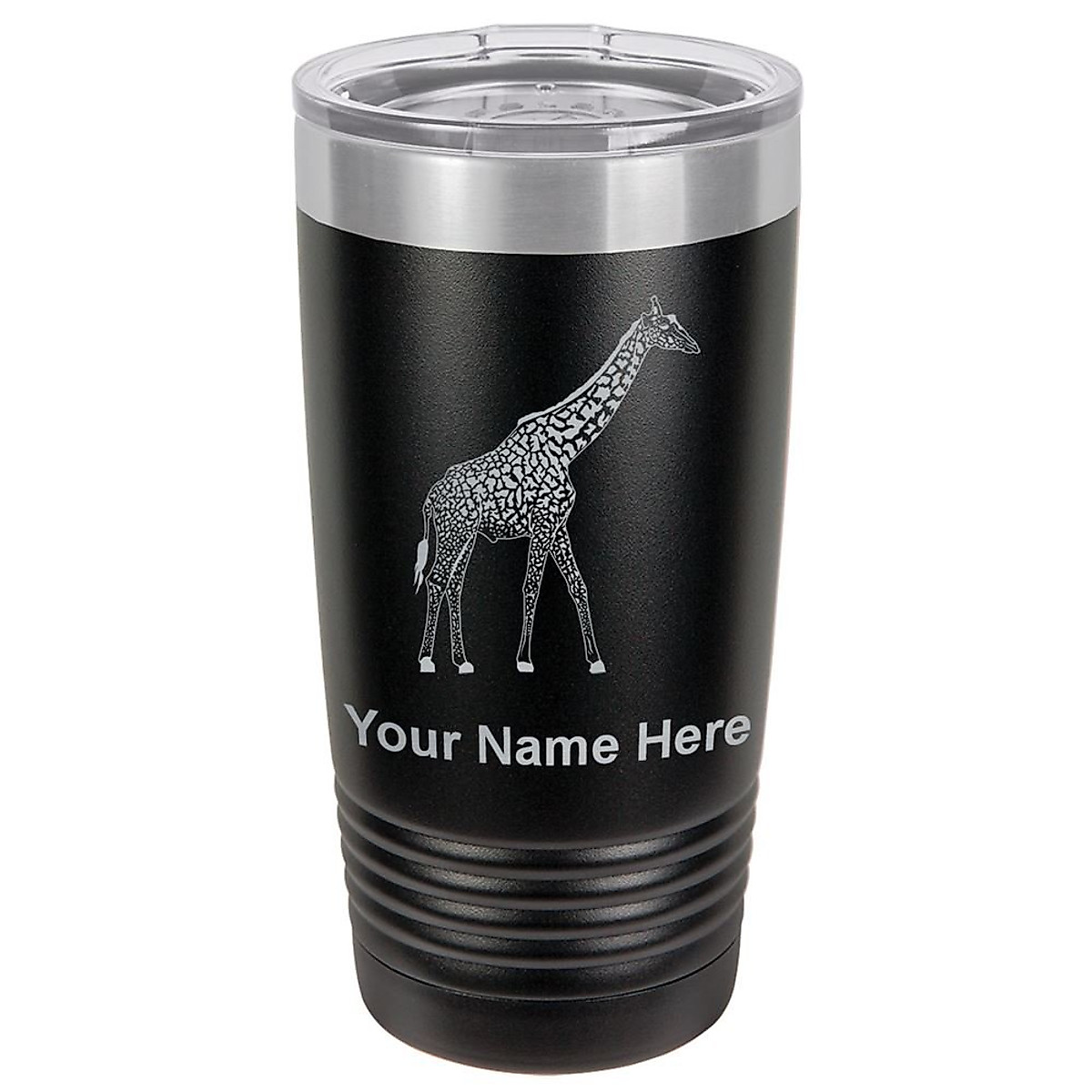 LaserGram 20oz Vacuum Insulated Tumbler Mug, Giraffe, Personalized Engraving Included (Black)