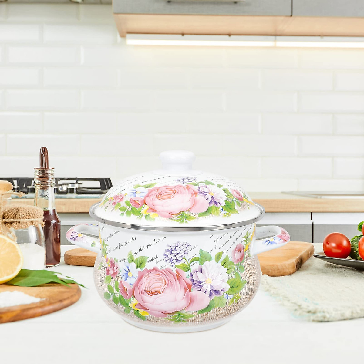 Yardwe Enamel on Steel Stock Pot with Lid Soup Pot Stew Pot Nonstick Pot Bread Pan Cooking Pot for Bread Baking 18cm Chamber Pot