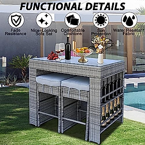 5 Pieces Outdoor Bar Set, Outside Patio Wicker Furniture Set with 4 Cushions Stools and 4 Tier Storage Shelf, Rattan Bar Height Table and Chairs for Garden, Porches, Backyard, Indoor, Pool Deck (Gray)