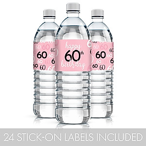 Pink, Black, and White 60th Birthday Party Water Bottle Labels - 24 Waterproof Wrappers, 60th Birthday Decorations for Women