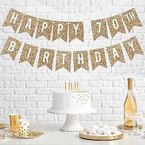 Pre-Strung Happy 70th Birthday Banner - NO DIY - Gold Glitter 70th Birthday Party Banner For Men & Women - Pre-Strung Garland on 6 ft Strands - Gold Birthday Party Decorations & Decor. Did we mention