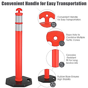 Goplus 45" Delineator Post Cone, 6 Pack Traffic Cone Safety Barrier with 4" Reflective Collars, 10lbs Octagonal Rubber Base, Perfect as Parking Posts, Construction Cones, Street Stanchions