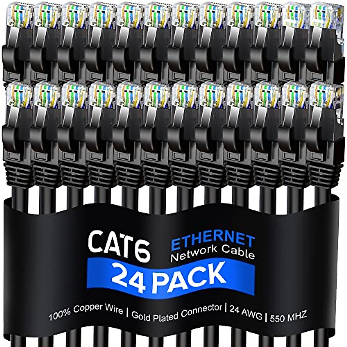 Maximm Cat 6 Ethernet Cable 15 Ft, 100% Pure Copper, Cat6 Cable (24 Pack) LAN Cable, Internet Cable, Patch Cable and Network Cable - UTP (Black) 15 Feet