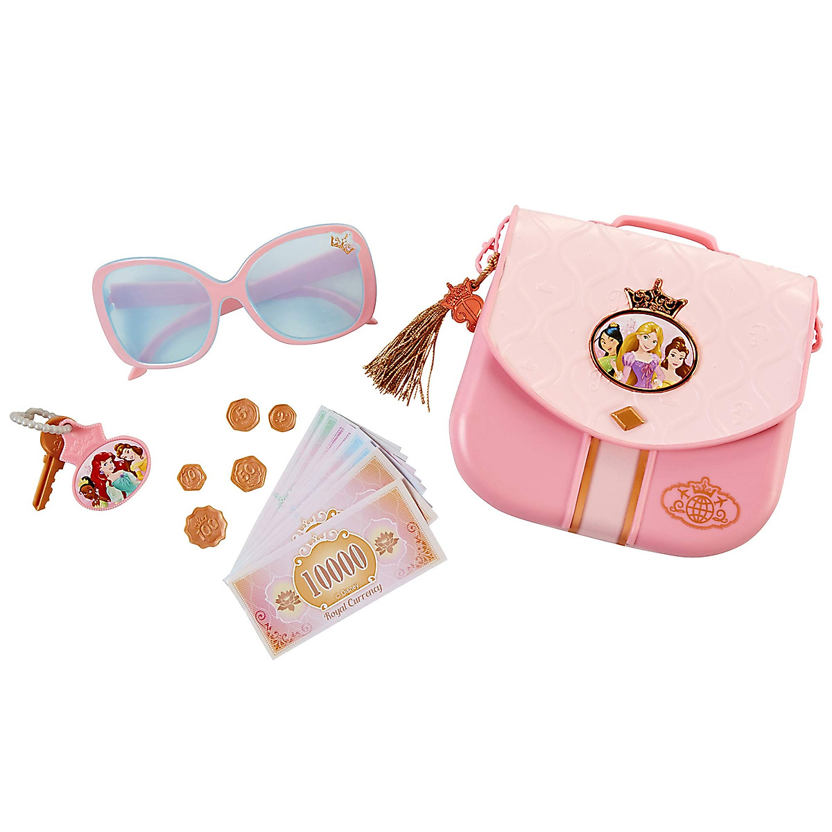 Disney Princess Style Collection World Traveler Purse Set Bag with Strap, Sunglasses, Key with charm, 5 Coins & 8 Paper Bills for Girls Ages 3+