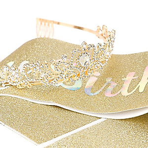 YISSION Birthday Girl Sash & Crown Gold Princess Tiara Crown for Women Girls Happy Birthday Queen Crown & Sash Birthday Tiaras & Crowns for Women Crystal Birthday Headband Birthday Party Decorations