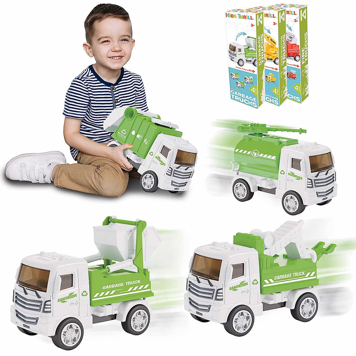 KIDSTHRILL Small Toy Garbage Truck Toys for Boys & Girls Aged 3-12 – 4pcs Set with Different Models, Garbage Truck Trash Truck & Dump Truck
