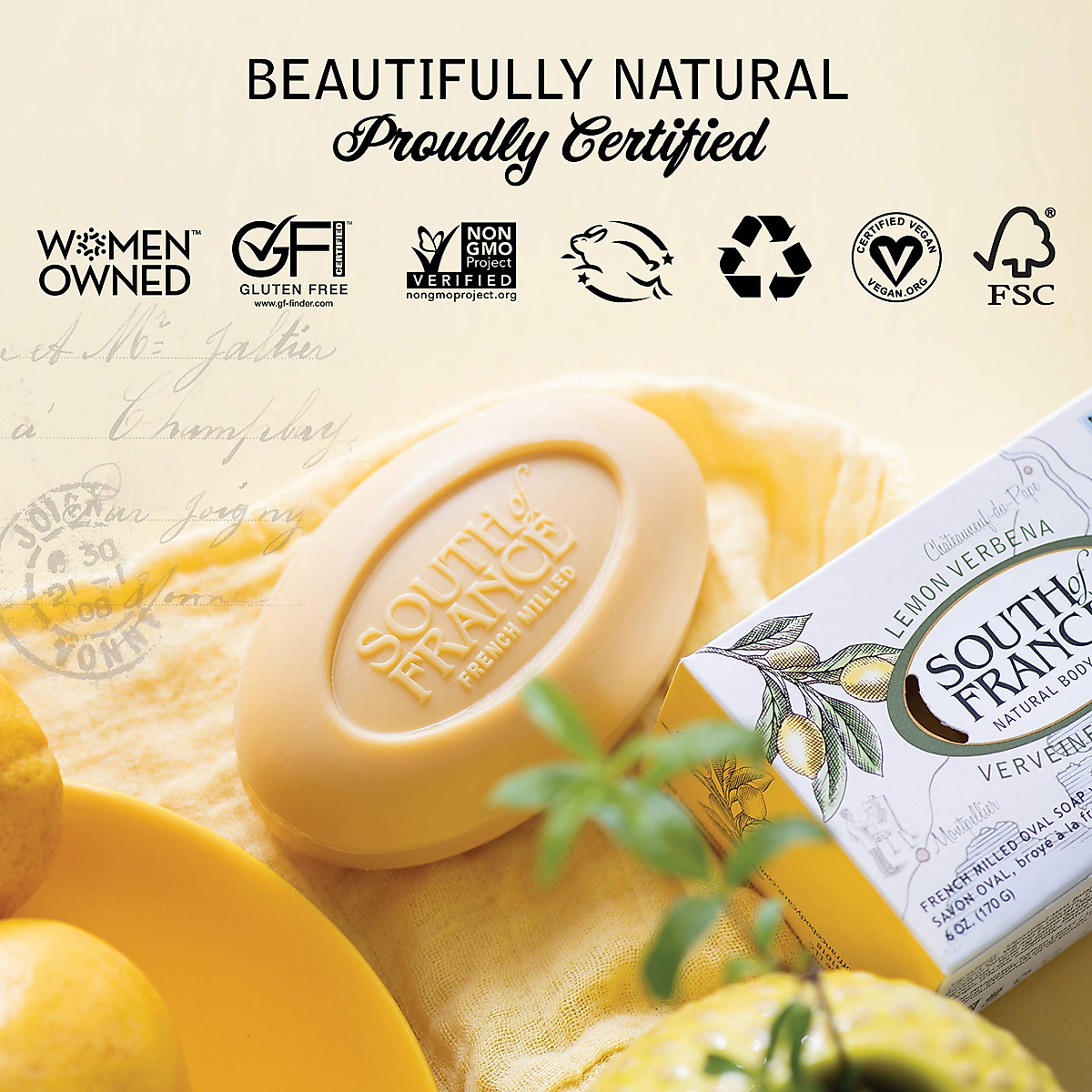 Lemon Verbena Clean Bar Soap by South of France Clean Body Care Triple-Milled French Soap with Organic Shea Butter + Essential Oils Vegan, Non-GMO Body Soap 6 oz Bar 4 Pack