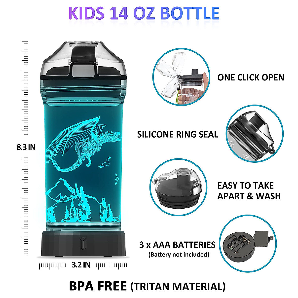 Attivolife Dragon Watter Bottle, 3D Illusion Glowing LED Light with 7 Color Changing Lights - 14 0z BPA Free - Creative Ideal Travel Cup Dinosaur Gift for School Boy Kid Child Holiday Camping Picnic