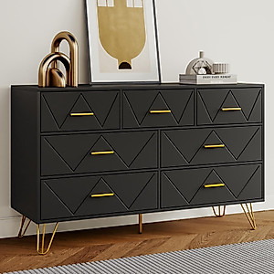 RESOM 7 Drawers Dresser for Bedroom, Black Dresser with Golden Legs & Handles, Wooden Chest of Drawer, Modern Dresser for Living Room, Hallway