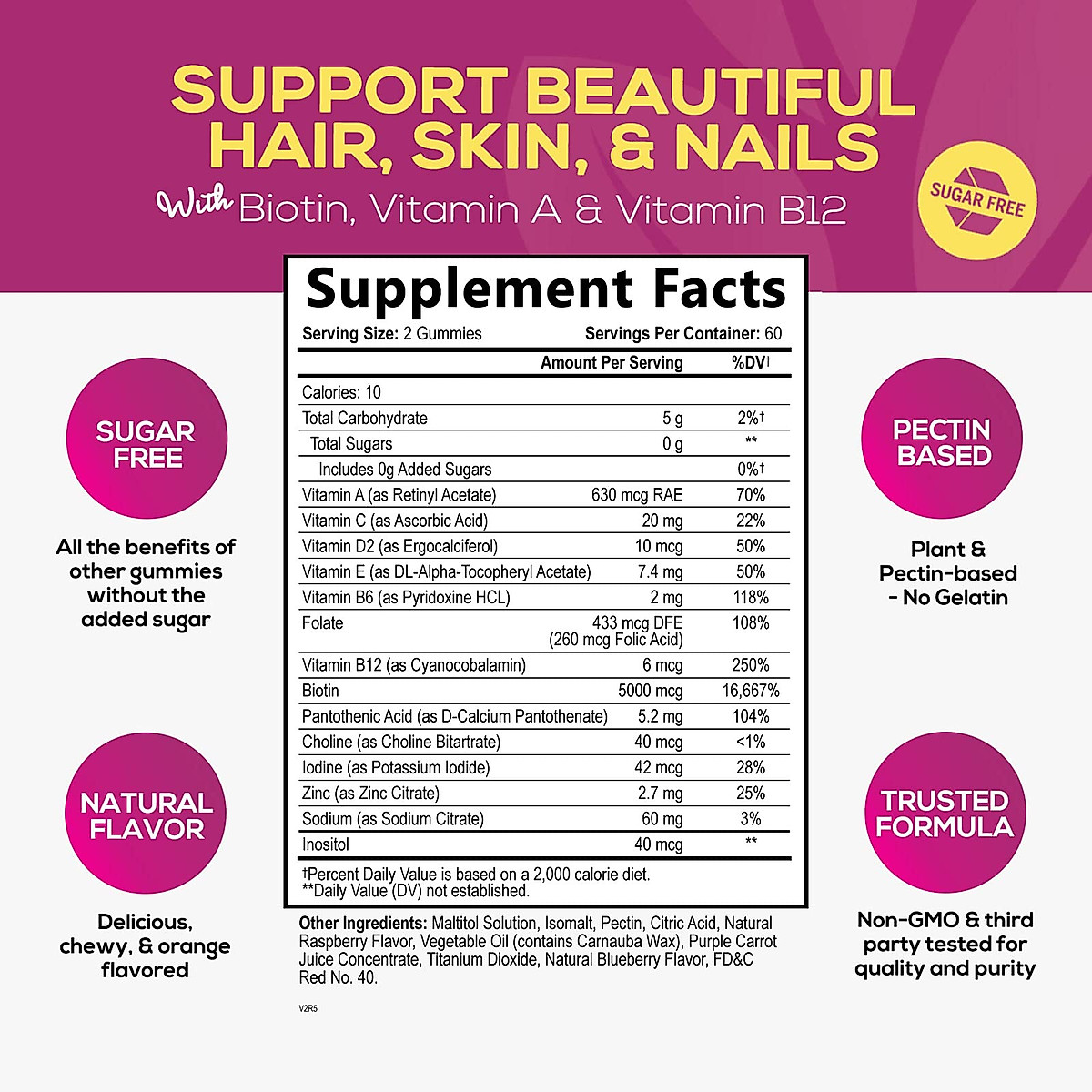 Sugar Free Hair Vitamins Gummies with Biotin 5000 mcg, Vitamin A, B12, C, D, E, Folic Acid, Supports Hair Growth Gummy, Vegetarian Friendly, Supports Strong Beautiful Hair and Nails - 120 Gummies