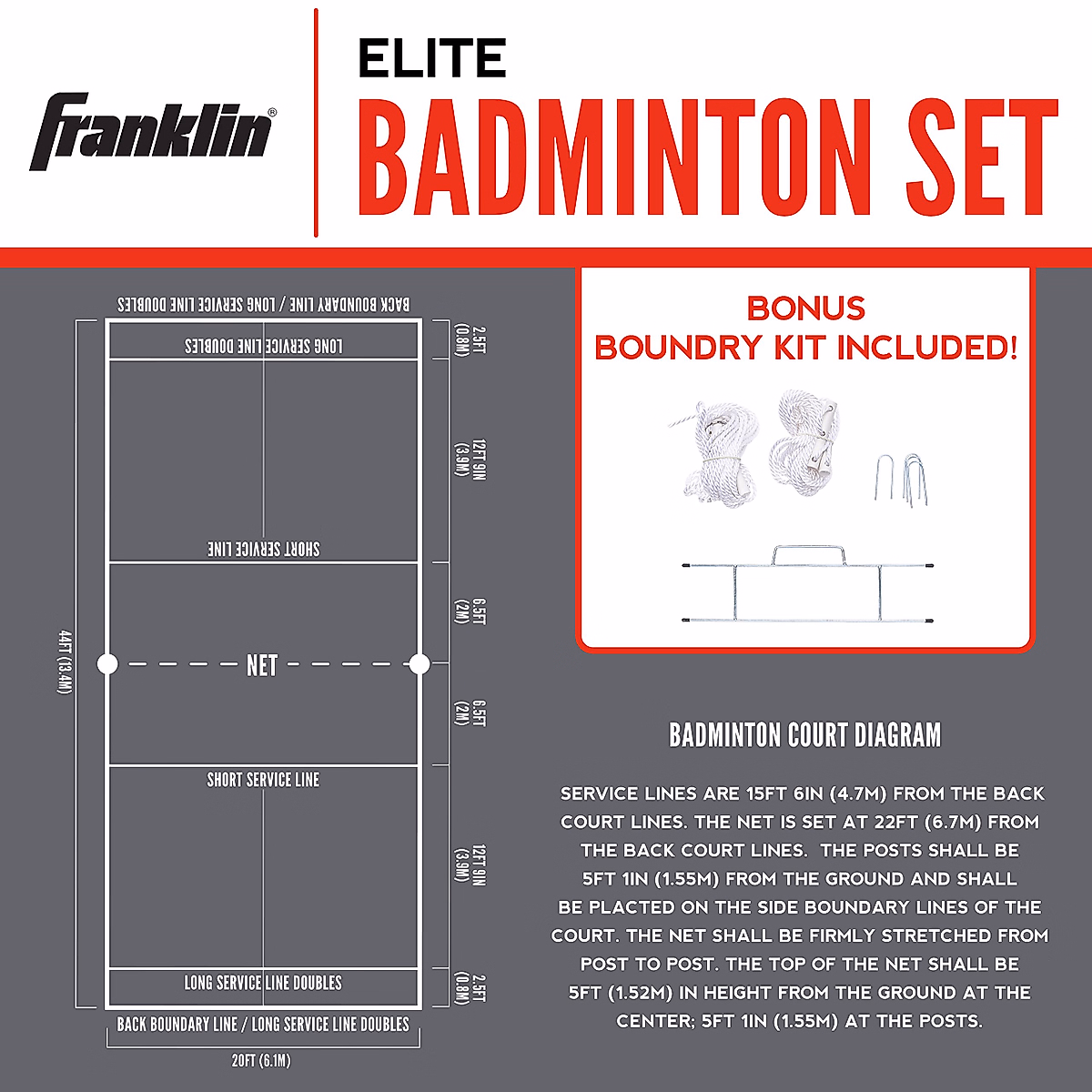 Franklin Sports Elite Badminton Net Set - Includes Badminton Rackets, Poles/Net, Stakes, Ropes, Boundary Kit - Beach or Backyard Volleyball Badminton- Easy Setup,Black