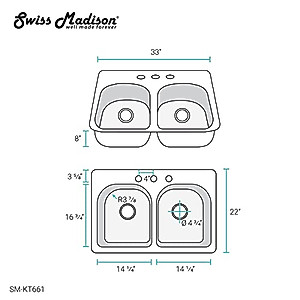 Swiss Madison SM-KT661 Ouvert 33 x 22 Stainless Steel, Dual Basin, Top-Mount Kitchen Sink