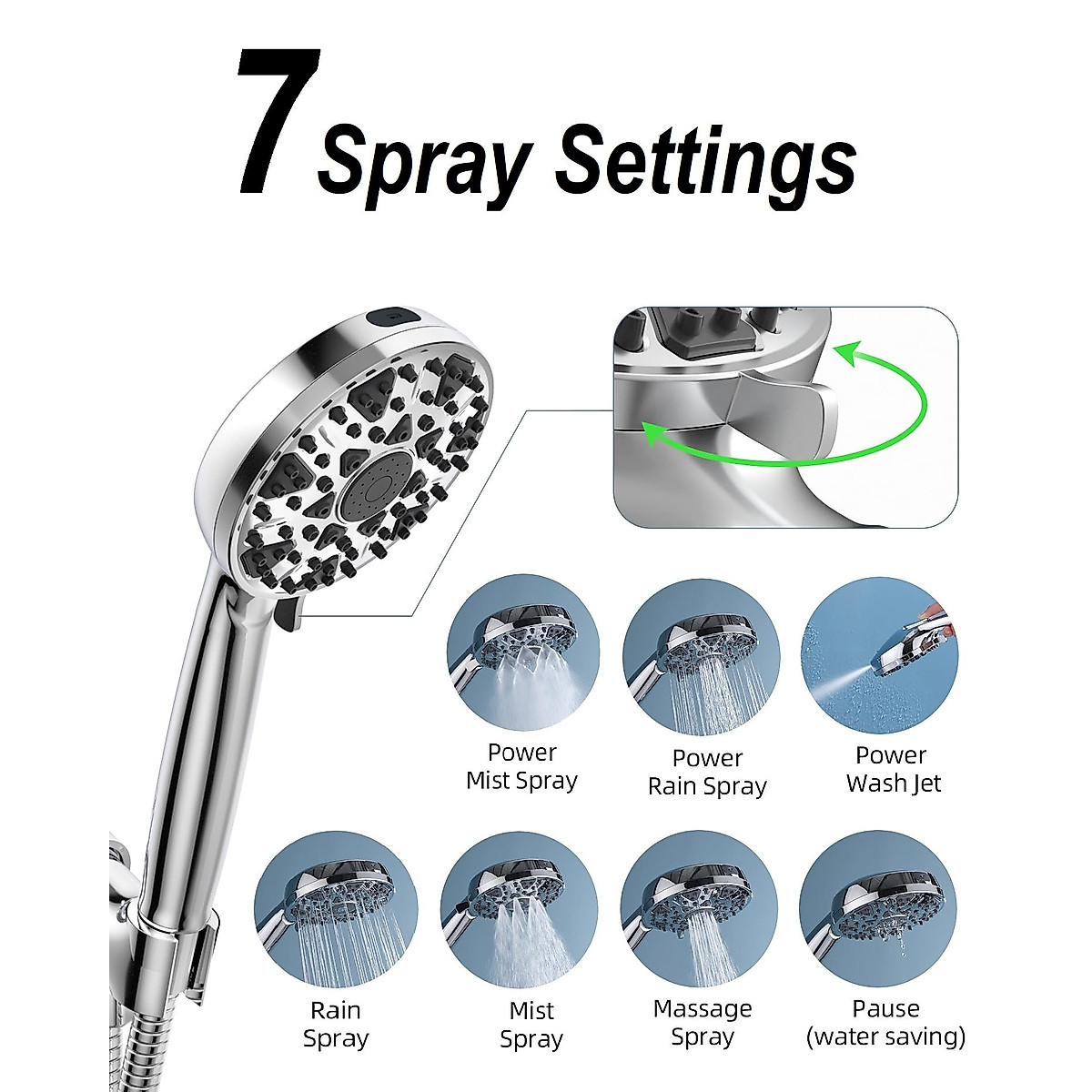 High Pressure Shower Head With Handheld 7 Settings, 5" High Power Hand Held Rain Showerhead with Stainless Steel Hose and Adjustable Bracket