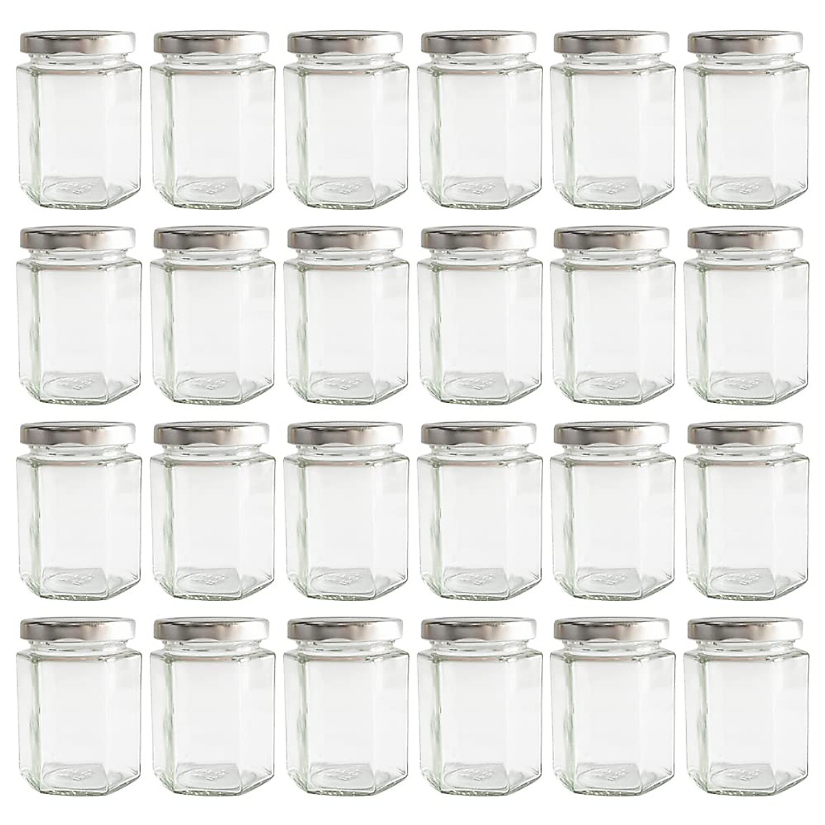 GPK4ALL 190ml 6oz Hexagon Glass Jars, pack of 24 sets, Empty Hex Jars wSilver Lids for Jam Honey Jelly Candy Candle Wedding Favors Baby Shower Favors Spice Jars Crafts Party Favors Jams Samples &