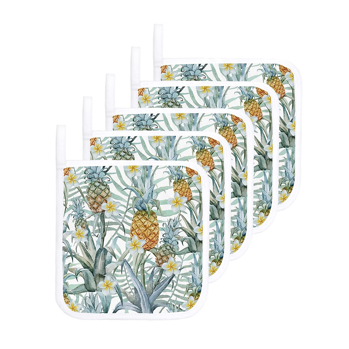 Pot Holders for Kitchen Watercolor Tropical Fruits Pineapple Leaf Set of 5 Potholders Heat Proof Non-Slip Oven Pot Holder Insulation Terry Cloth Hot Pad with Loop Rainforest Botanical