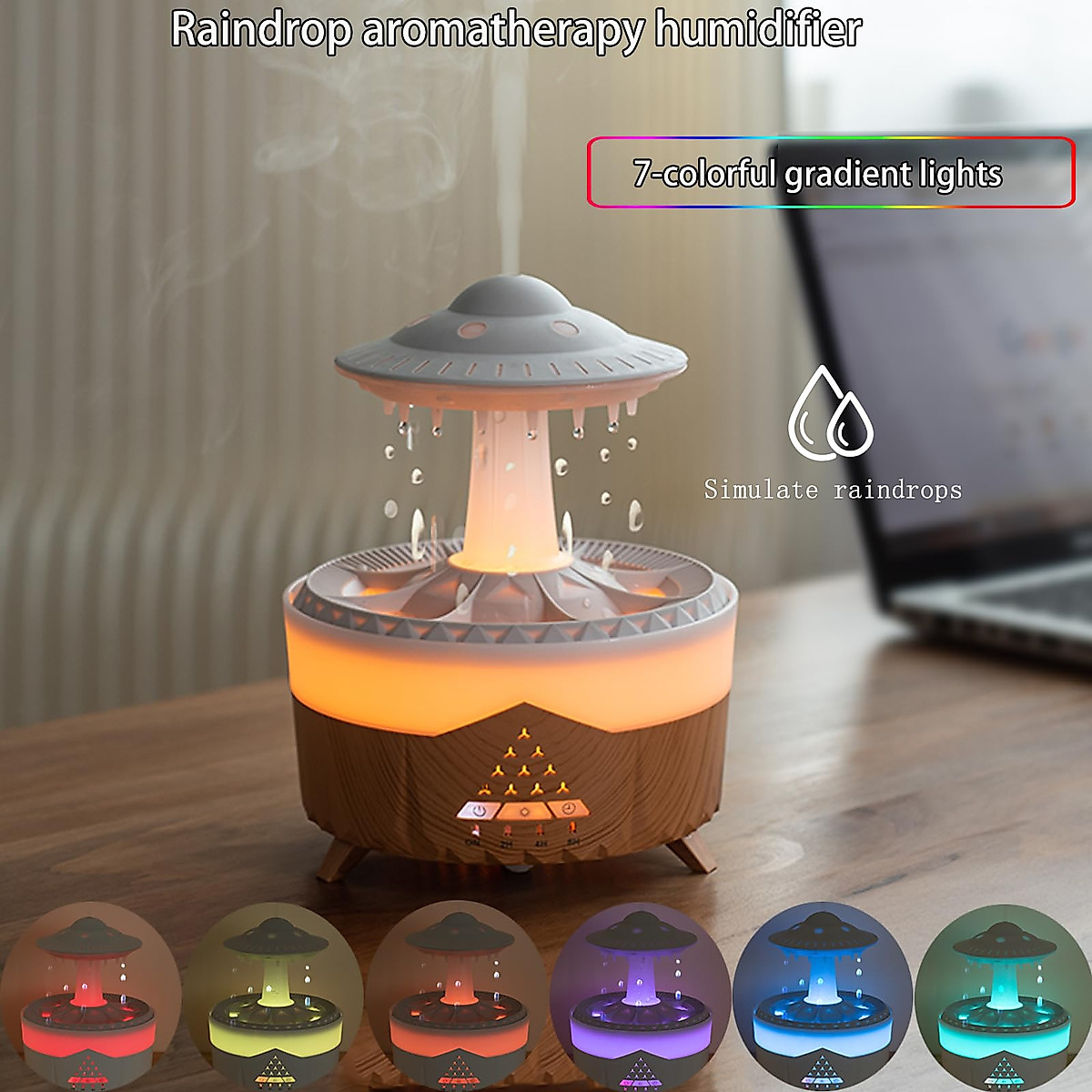 Raindrop Humidifiers for Bedroom -Essential Oil Diffuser with 7 Colors LED Lights,Air Humidifiers,Cool mist humidifier with 4 timers,Vaporizers for nursery,family,bedroom and office(No remote control)