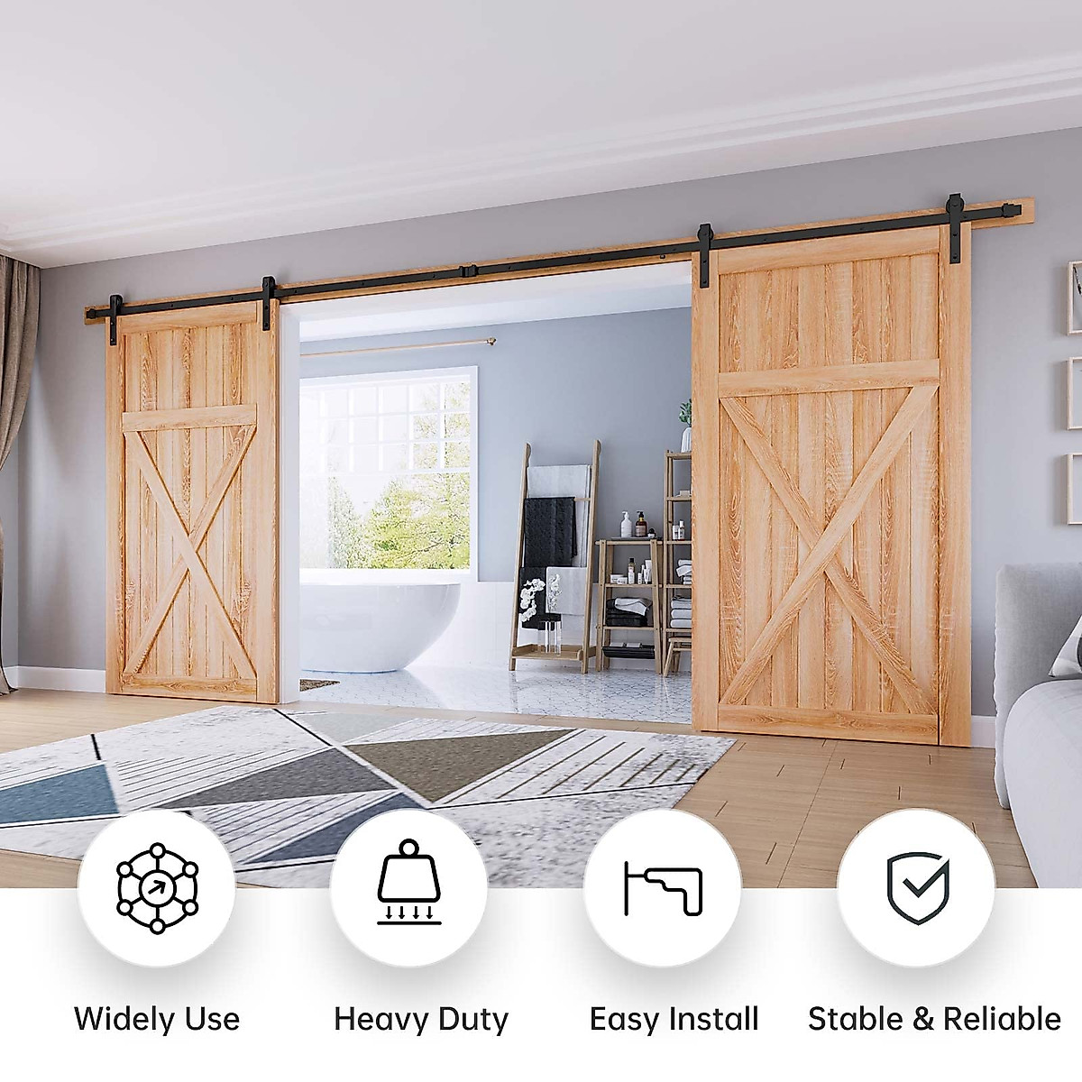 EaseLife 16 FT Double Door Sliding Barn Door Hardware Track Kit,Basic J Pulley,Heavy Duty,Slide Smoothly Quietly,Easy Install (16FT Track Kit for Double 48" Wide Door)