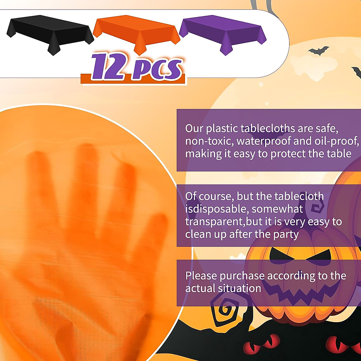ACSUIT 12 Pack Halloween Tablecloths Rectangle Plastic 54 X 108 Inches Disposable Plastic Waterproof Decorative Table Covers for Halloween Parties and Decorations (Black,Orange,Purple)