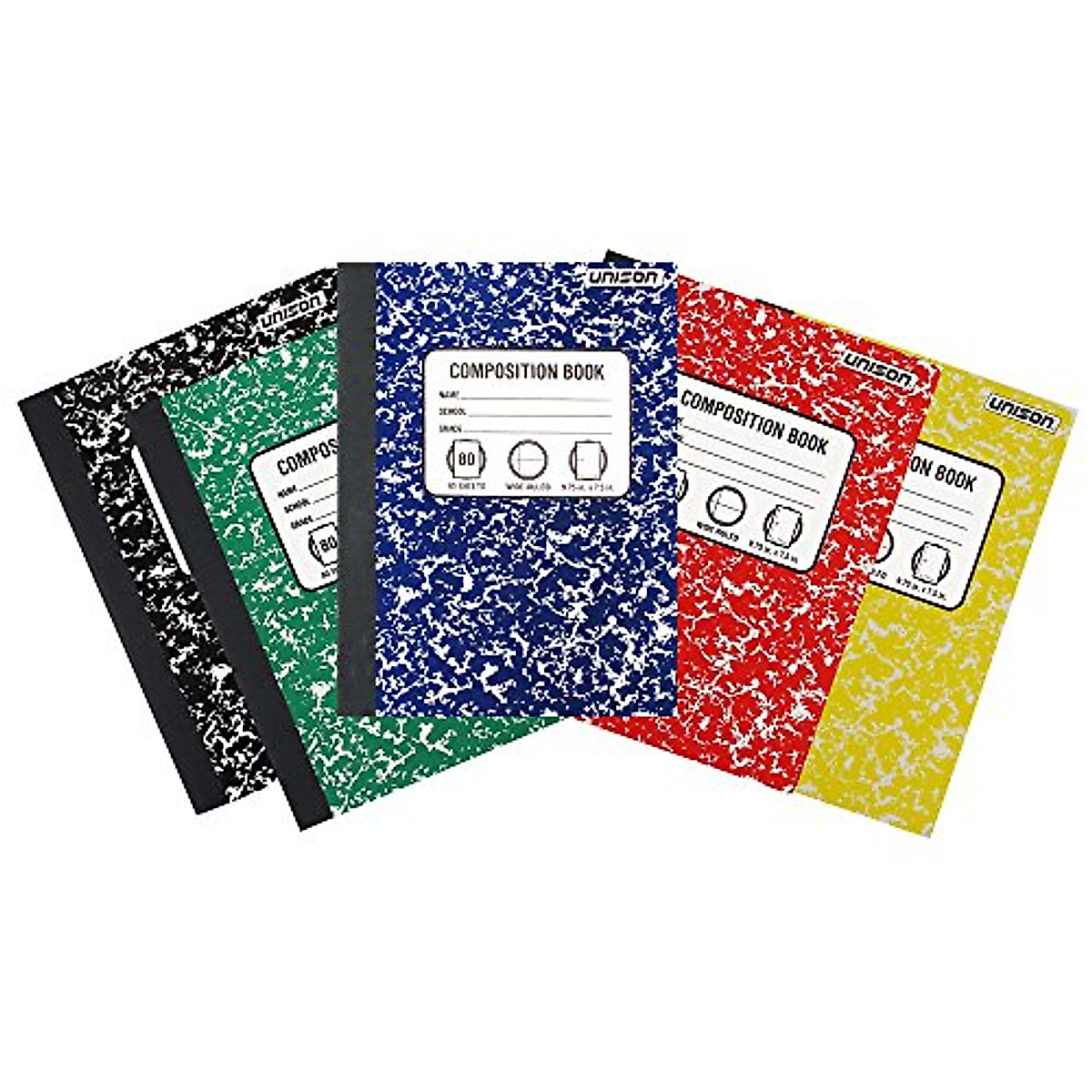 Bundle of 5 Wide Ruled Marbled Composition Notebooks; 1 of Each Color ;Red, Blue, Green, Yellow and Black
