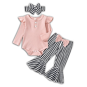 ADXSUN Newborn Baby Girl Clothes Ribbed Ruffled Romper+Striped/Cow/Leopard Flared Pants Infant Outifts 0-18 Months