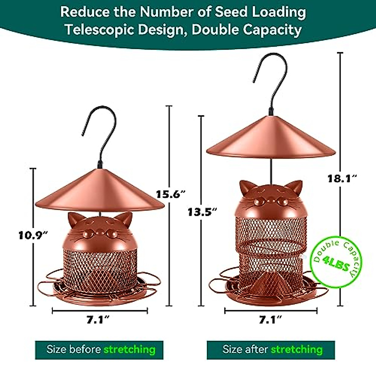 CEED4U Bird Feeder for Outdoors 4LB Seeds Retractable Large Wild Bird Feeders with Hook and Cover Metal Hanging Bird Feeders Garden Yard for Outside Cute Cat Shaped Brown