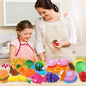 DigHeath Pretend Play Food Set,Kitchen Cutting Toys,BPA Free Plastic Fruits & Vegetables for Kids with Realistic Basket,Knife and Chopping Board,Best Children Educational Play Set