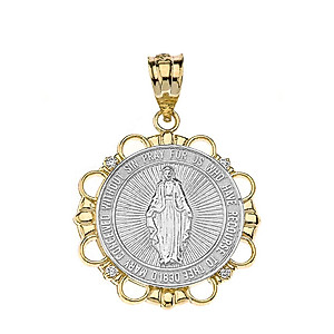14k Two-Tone Gold Round Blessed Virgin Mary Miraculous Diamond Medal Pendant Necklace, 18"