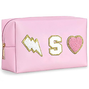TOPEAST Initial Cosmetic Bag for women, Preppy Makeup Bag Chenille Letter Pouch, Monogrammed Birthday Gifts for Girls, Teen Girl Gifts Trendy Stuff, Pink S