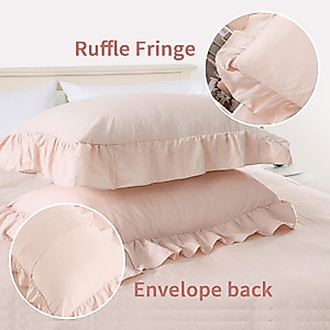 Fashionwu Duvet Cover Queen Size, Microfiber Ruffled Duvet Cover Set Soft and Breathable Queen Duvet Cover Set for All Season 3 Pieces (1 Duvet Cover, 2 Pillowcases), Pink