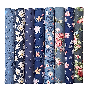 Gnognauq 8pcs Cotton Patchwork Fabric Dark Blue Daisy Pattern Precut Fabric Quarter Bundles for DIY Scrapbook Handmade Sewing, 18 x 22 inches