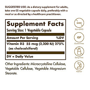 Solgar Vitamin D3 (Cholecalciferol) 55 mcg (2200 IU) Vegetable Capsules - 100 Count