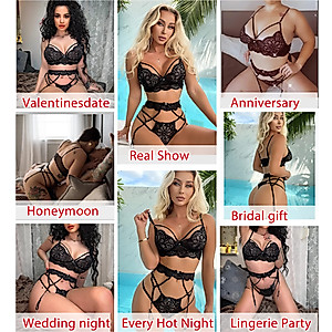 Avidlove Women's Exotic Lingerie Sets with Garter Belts Lace Bra and Panty Sexy Two Piece Negligee,Black,M