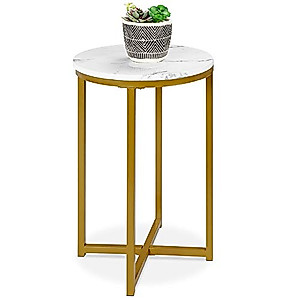 Best Choice Products 16in Faux Marble Accent Table, Modern End Table, Small Coffee Table Home Decor for Living Room, Dining Room, Tea, Coffee w/Metal Frame, Foot Caps, Designer - White/Bronze Gold