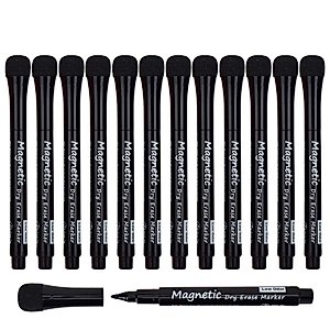 LivDeal Magnetic Dry Erase Markers - Fine Tip, Black Color, 12 Pack, Low Odor Whiteboard Markers for Kids & School, Work On White board & Calendar, Refrigerator