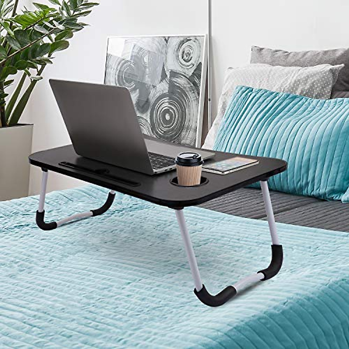 Hossejoy Foldable Laptop Table, Breakfast Serving Bed Tray, Lap Desk with Foldable Leg & Tablet Phone Groove & Cup Slot for Reading Writing Eating on Bed Couch Sofa Floor (Black)