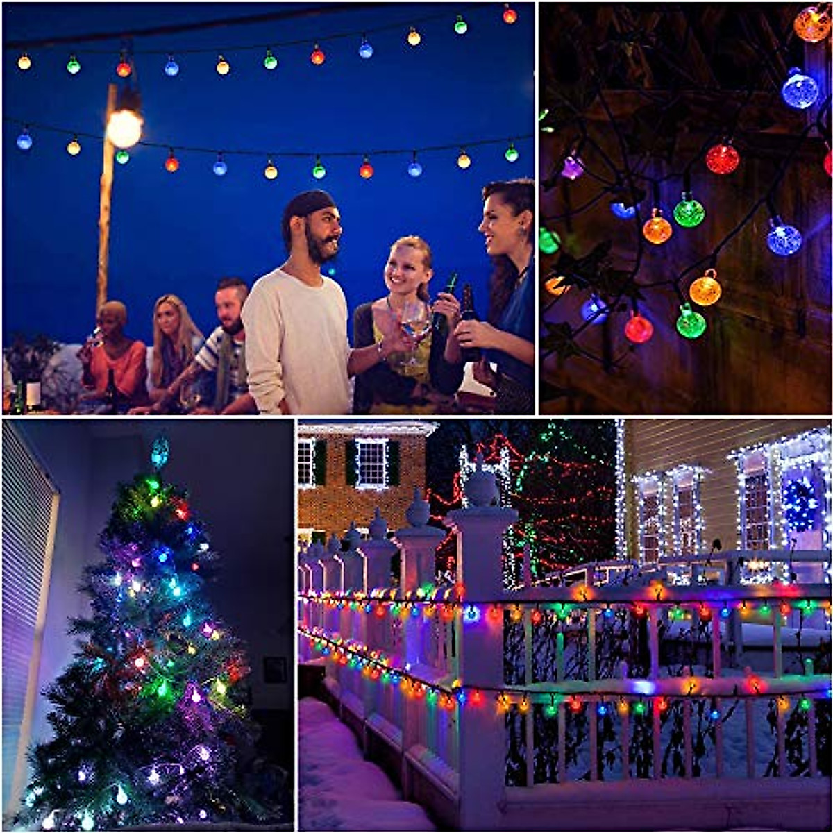 Solar String Lights Outdoor Waterproof, 30.2 FT 60 LED Crystal Globe Twinkle Lights Solar& USB Powered with 8 Lighting Modes for Garden Patio Backyard Party Wedding (60 LED, Multi-Colored)