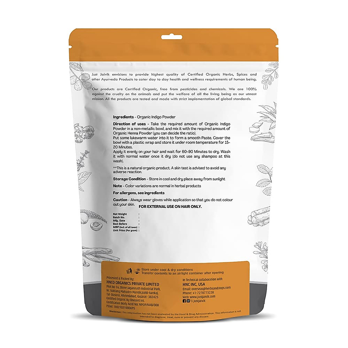 Just Jaivik 100% Organic Indigo Powder - 227 gms / 1/2 LB Pound / 08 Oz - Indigofera Tinctoria- A 100% Organic Hair Dye - Color your hair dark brown to black with Henna