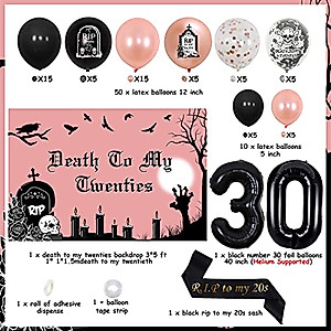 Funeral 30th Birthday Party Decorations for Women Black Rose Gold - Balloon Garland Death to My Twenties Backdrop Rip to My 20s Sash Number 30 Balloon for Funny Gothic Tombstone Skeleton Thirty Bday