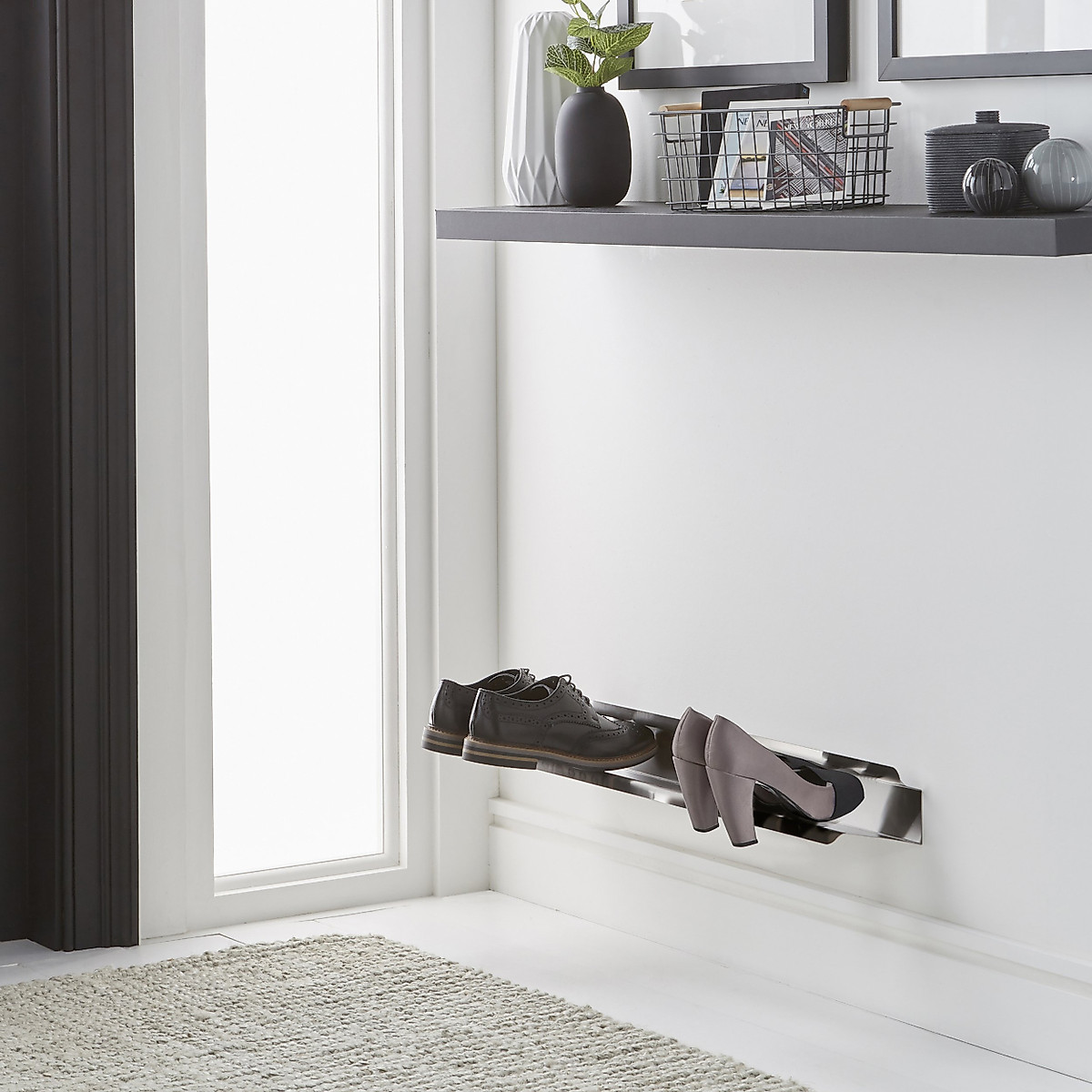 j-me Horizontal Shoe Rack – Wall Mounted Shoe Rack Organizer Keeps Shoes, Boots, Sneakers & Heels Off The Floor. A Modern Shoe Organizer For Your Entryway or Closet. (Stainless Steel - 28 inches)