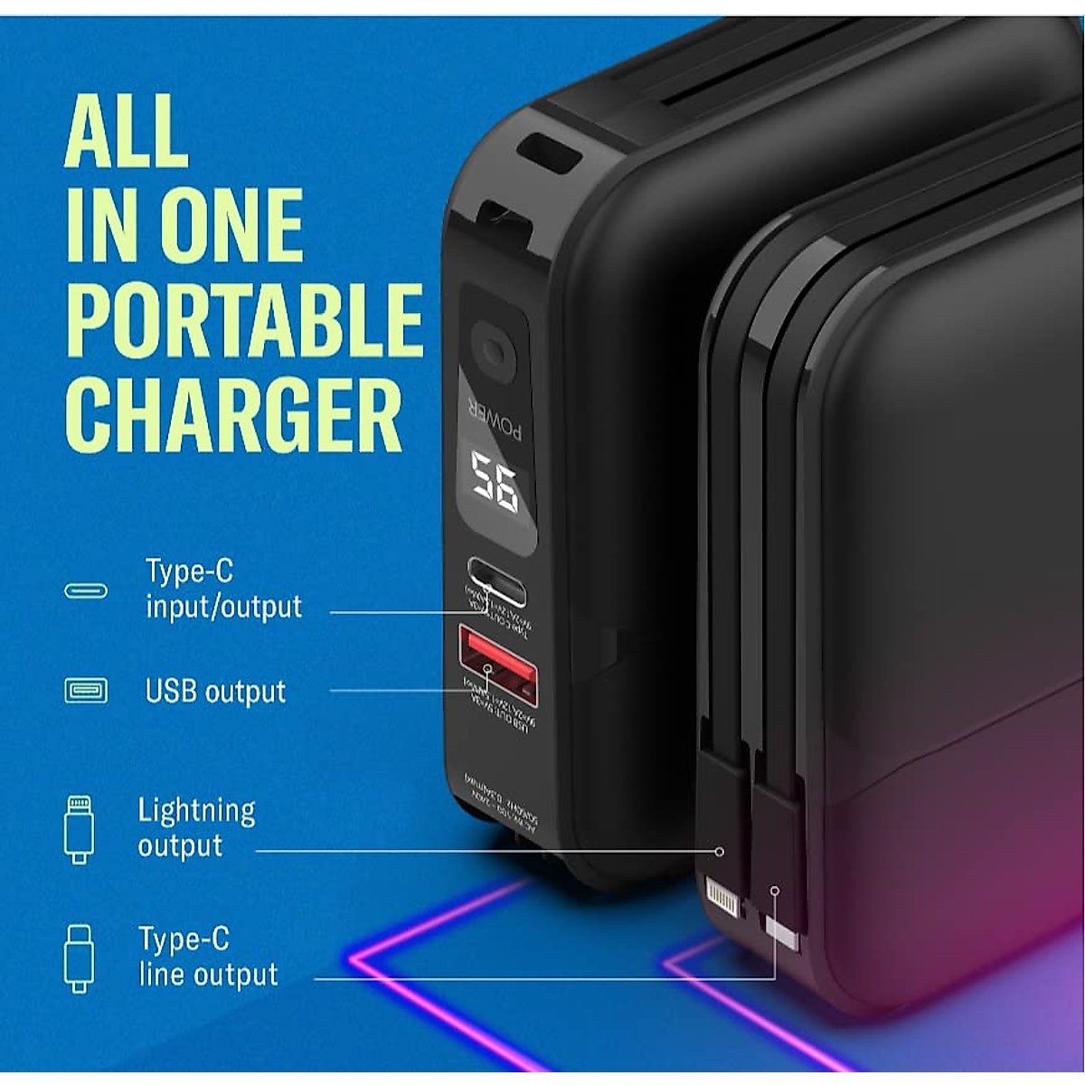 Lazy Pro New 2022 Fast Charger and Plug in Portable Charger 15000mAh | Smart Led Display Fast Charging Built-in Cables Power Bank | 4 Output & 2 Input External Battery Pack Compatible